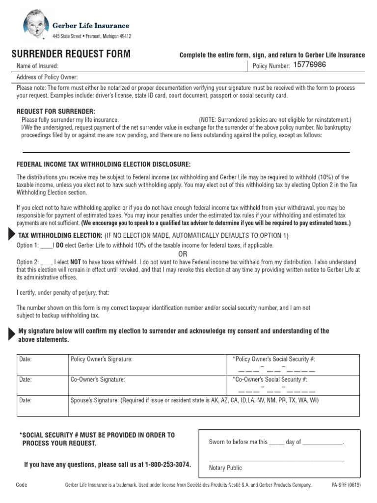 Gerber Life Insurance Surrender Form | PDF | Income Tax In The United ...