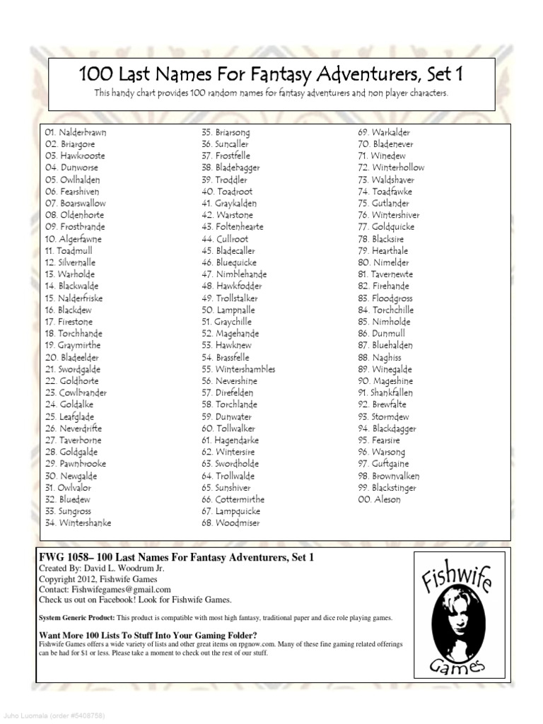 FishWife Games - 100 Adventurer Names | PDF | Role Playing Games | Gaming