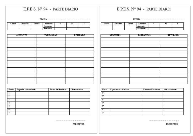Parte Diario del Preceptor E.P.E.S. N° 94 | PDF