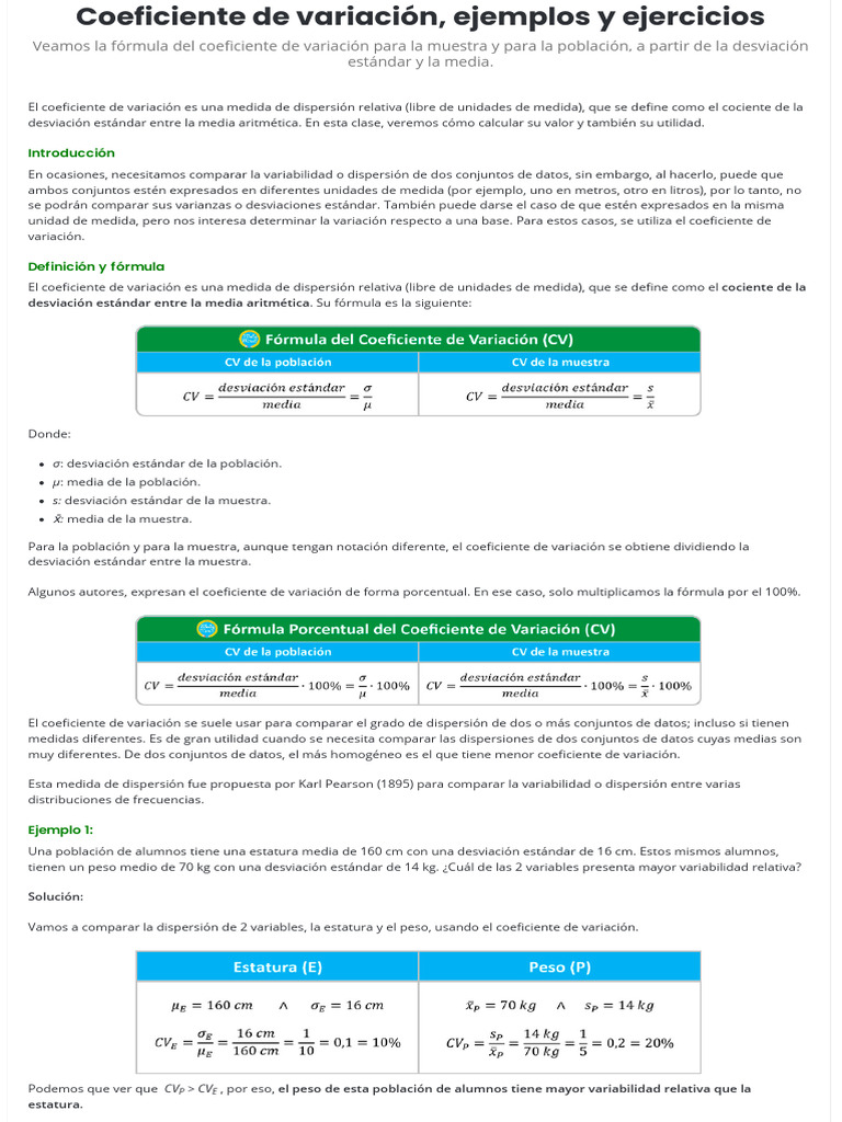 Coeficiente de Variación: Fórmula y Ejemplos | PDF | Desviación ...