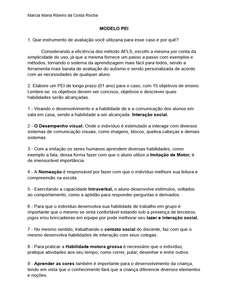 Modelo PEI: Avaliação e Objetivos | PDF | Aquisição de linguagem ...