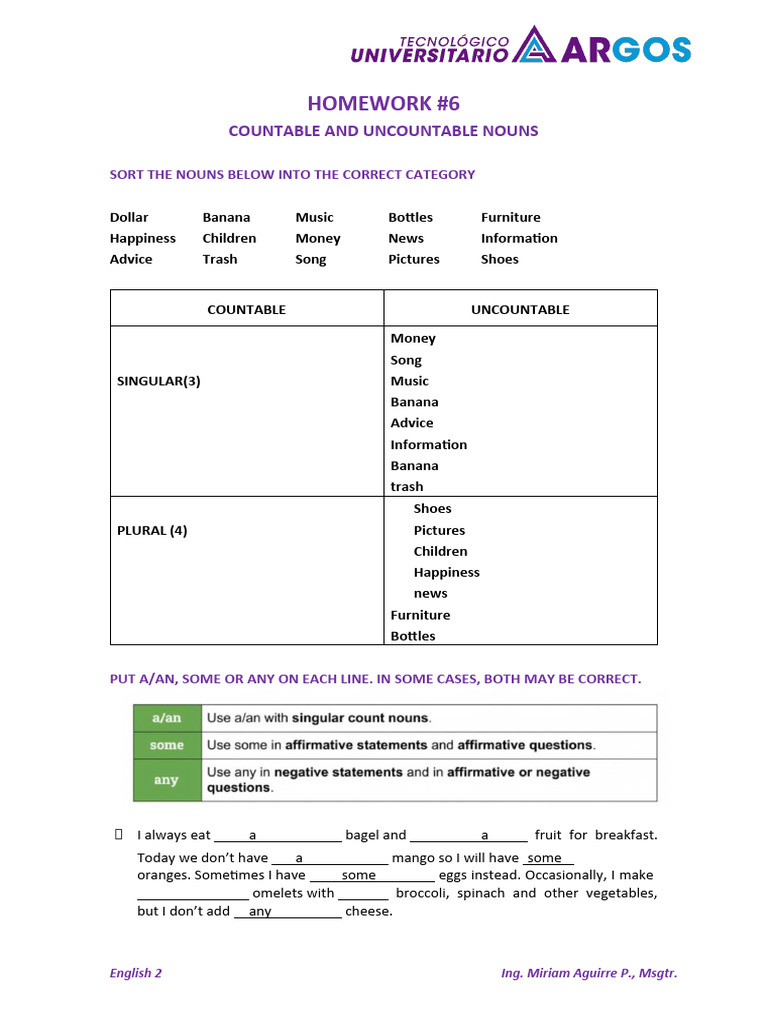 Homework #7 - Countable and Uncountable Nouns | PDF | Linguistic ...