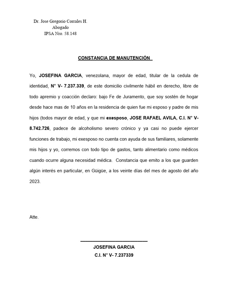 Constancia de Manutención Familiar | PDF