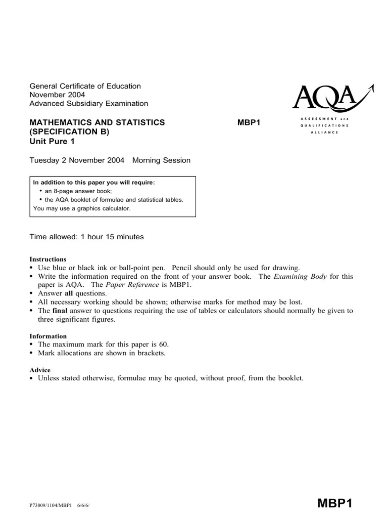 Aqa MBP1 W QP Nov04 | PDF | Equations | Mathematical Objects
