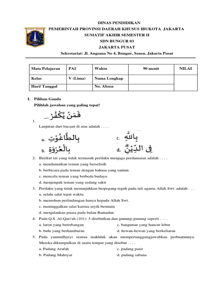 Soal Sas Pai SMT 2 KLS 5 | PDF | Agama & Spiritualitas