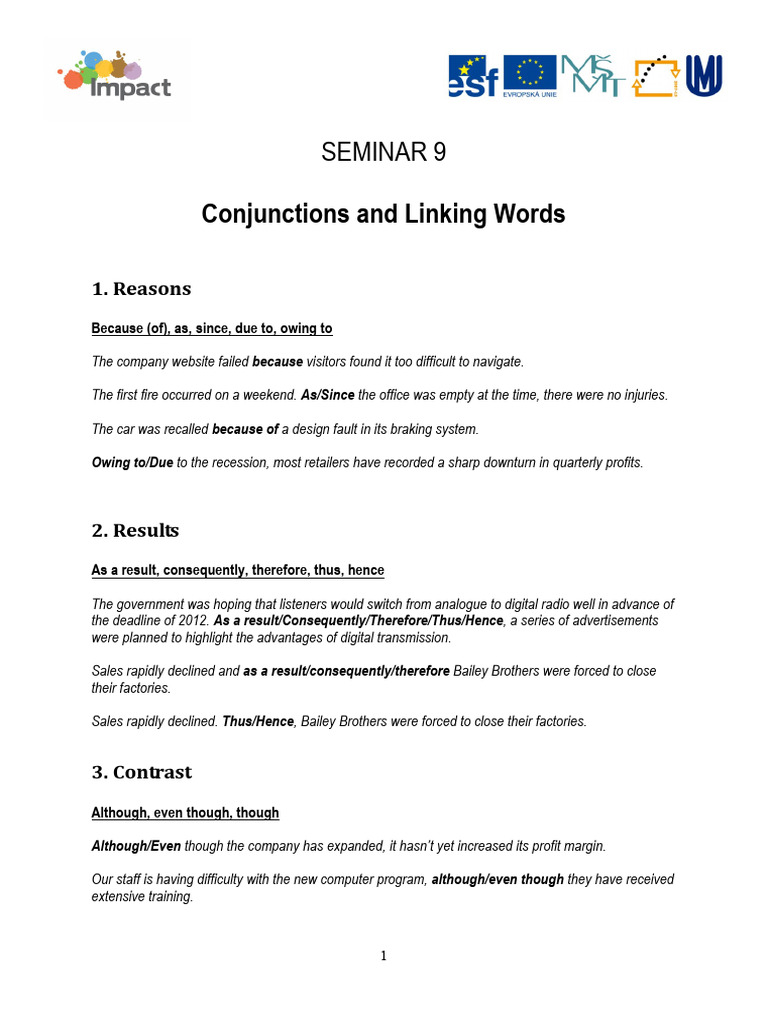 Seminar 9 Conjunctions and Linking Words-1 | PDF | Car