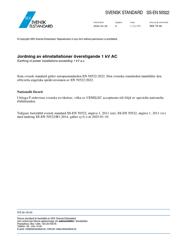 Jordning Av Elinstallationer Överstigande 1 KV AC: Svensk Standard Ss ...