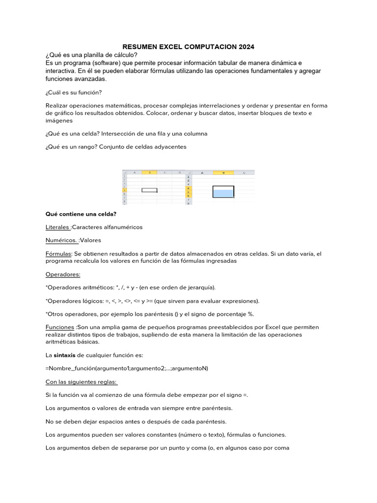 Resumen Excel Computacion 2024 | PDF | Hoja de cálculo | Microsoft Excel