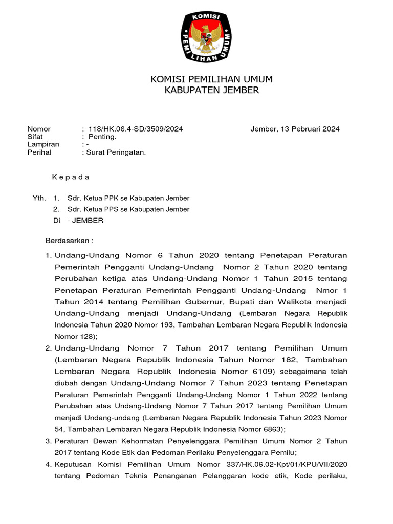 Surat Peringatan untuk Badan Adhoc Pemilu | PDF | Hukum