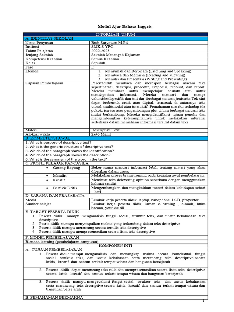 Modul Ajar Descriptive Text Kurikulum Merdeka | PDF