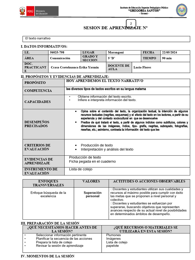 Ficha de Sesion de Aprendizaje 2 | PDF | Maestros | Aprendizaje