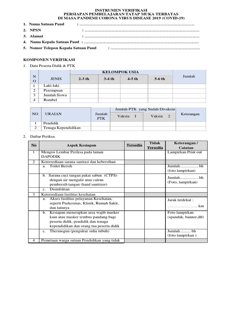 Contoh Format Instrumen Verifikasi PTM Paud TK KB Sps Tpa | PDF