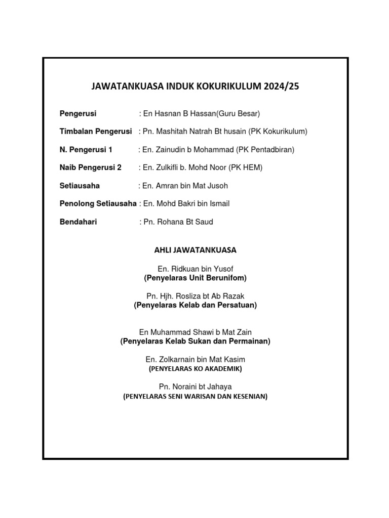Jawatankuasa Induk Kokurikulum 202425 | PDF