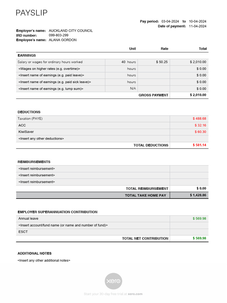New Zealand Payslip Template Example | PDF