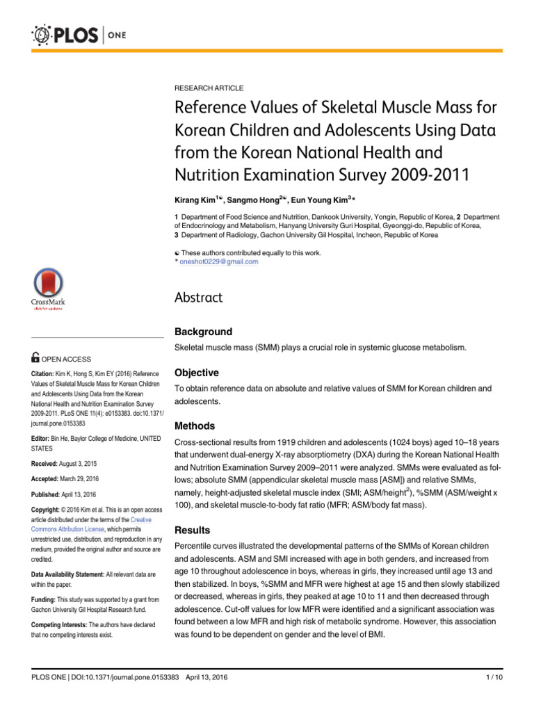 2016 - Reference Values of Skeletal Muscle Mass For Korean Children and ...