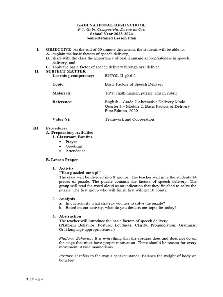 Gabi National High School - Basic Factors of Speech Delivery | PDF | Speech | Body Language