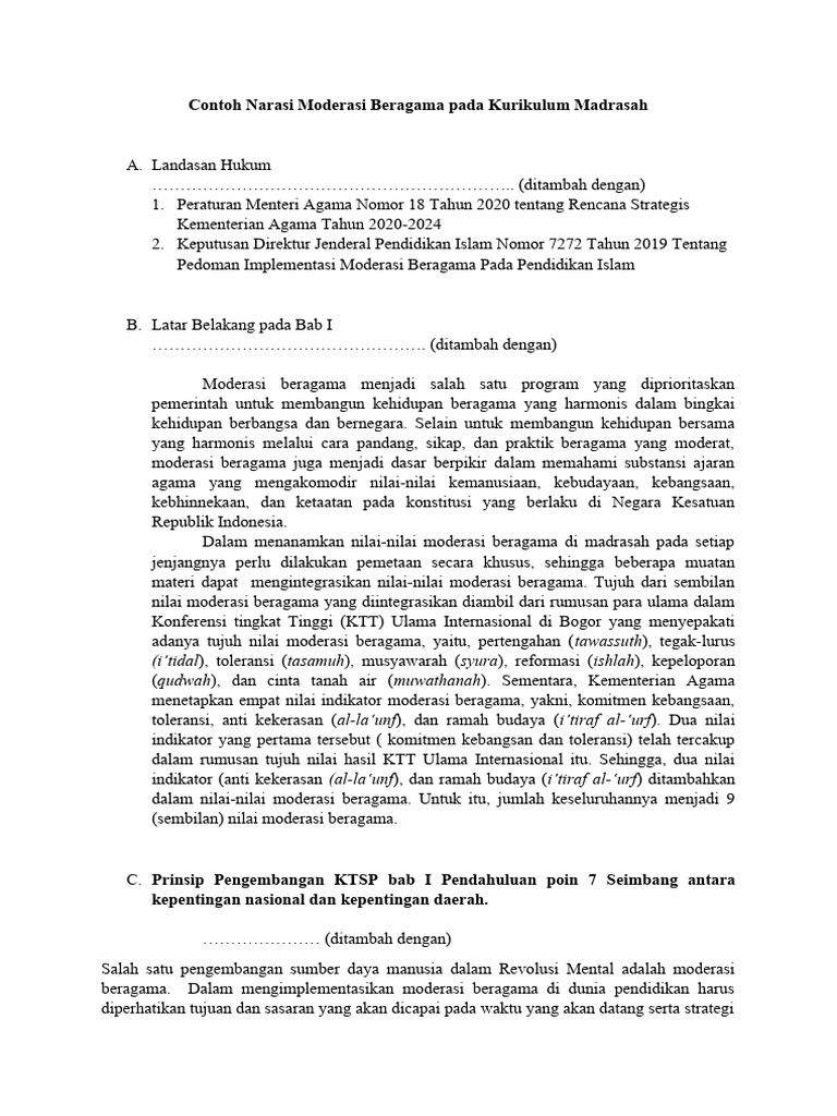 Contoh Narasi Moderasi Beragama Pada Kurikulum Madrasah | PDF