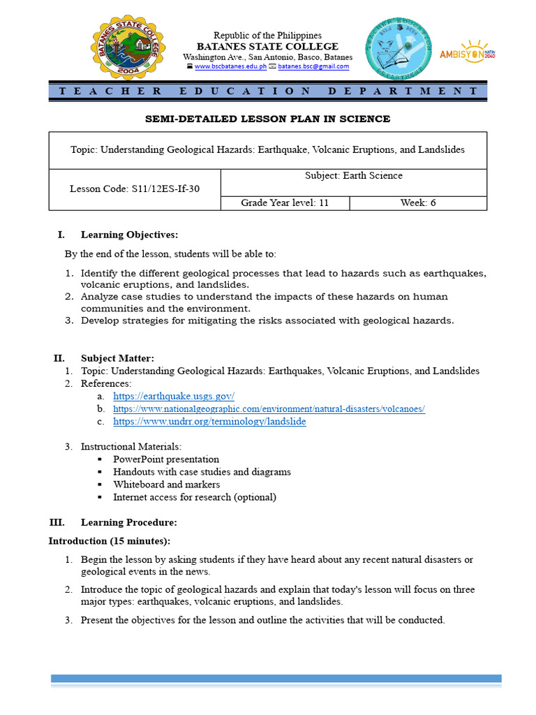 Semi-Detailed Lesson Plan. | PDF | Landslide | Earthquakes