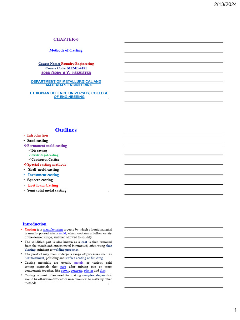 Chapter-6 Methods of Casting | PDF | Casting | Physical Sciences