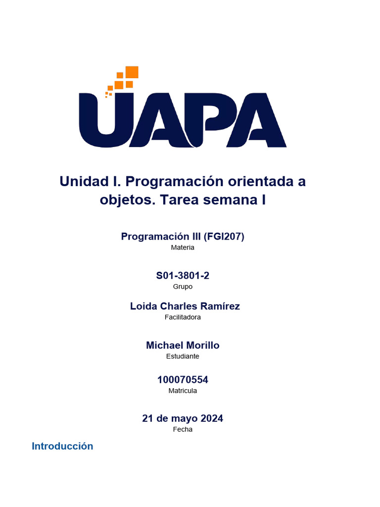 Unidad I. ProgramaciÃ N Orientada A Objetos. Tarea Semana I | PDF | Objeto (informática ...