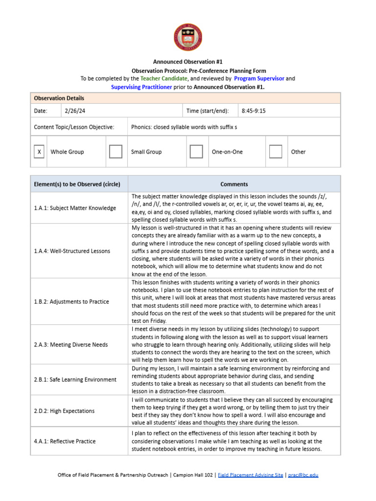 7 1 Announced Observation 1 Reflection and Feedback Form | Download ...