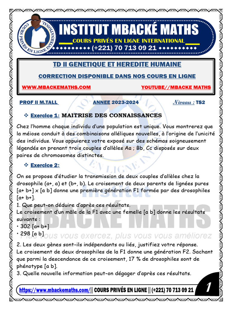 TD Genetique Et Heredite Humaine Ts2 1 | PDF | Dominance (Génétique ...