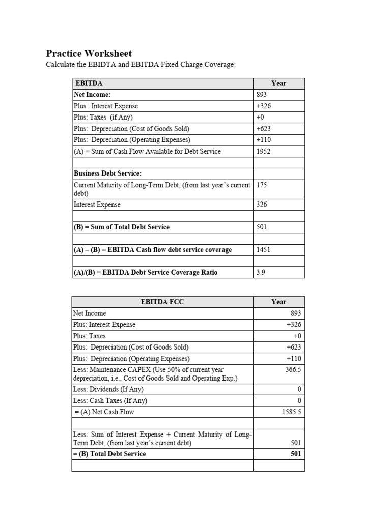 Practice Worksheet 2 EBITDA, FCC, WC and Collateral | PDF | Debt ...