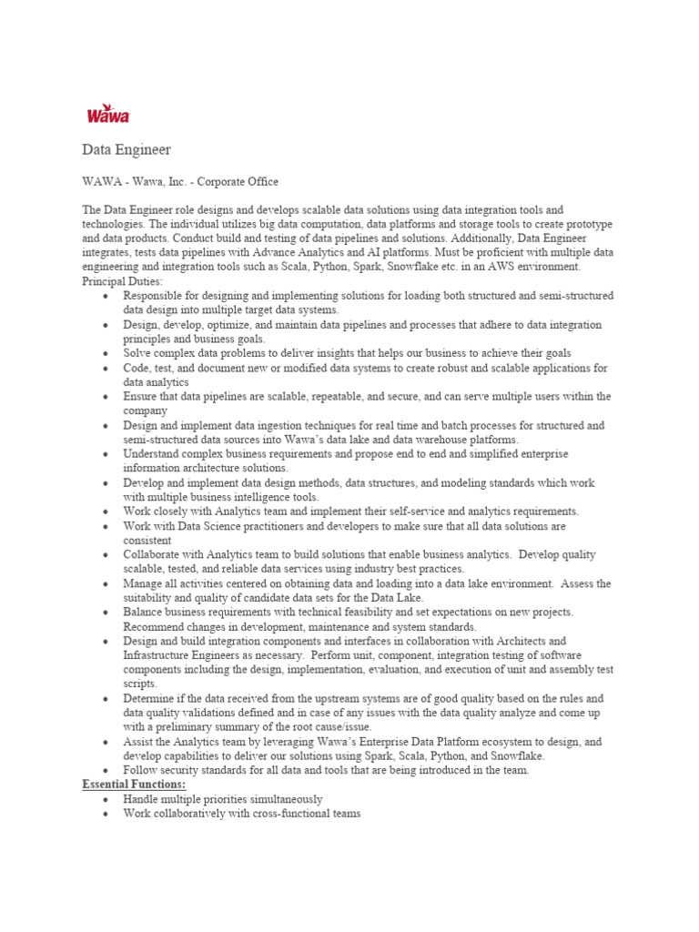 Wawa Senior Data Engineer | PDF | Analytics | Data Wawa Senior Data Engineer | PDF | Analytics | Data