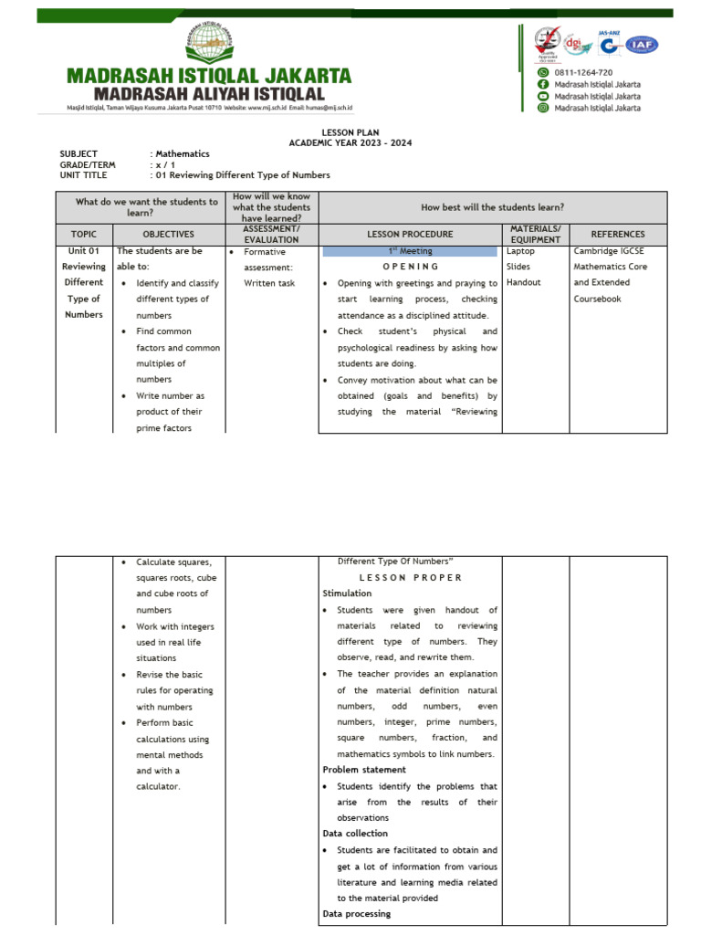 Mathematics Lesson Plan: Number Types | PDF | Mathematics | Teachers