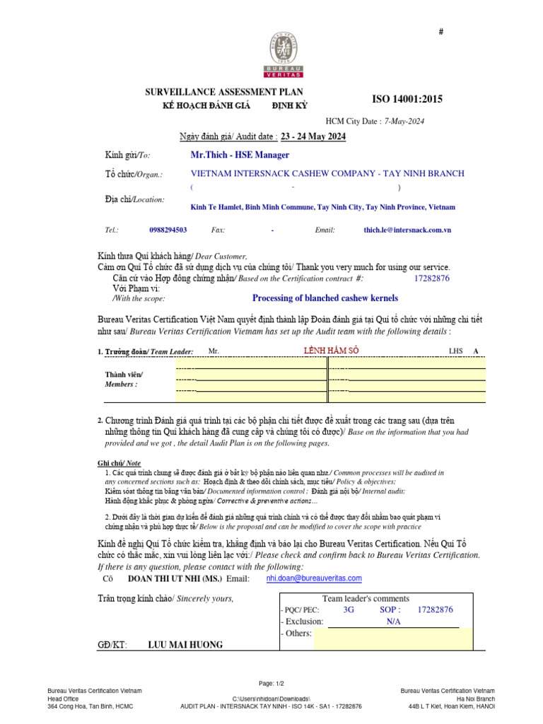 Audit Plan - Intersnack Tay Ninh - Iso 14k - Sa1 - 17282876 | PDF