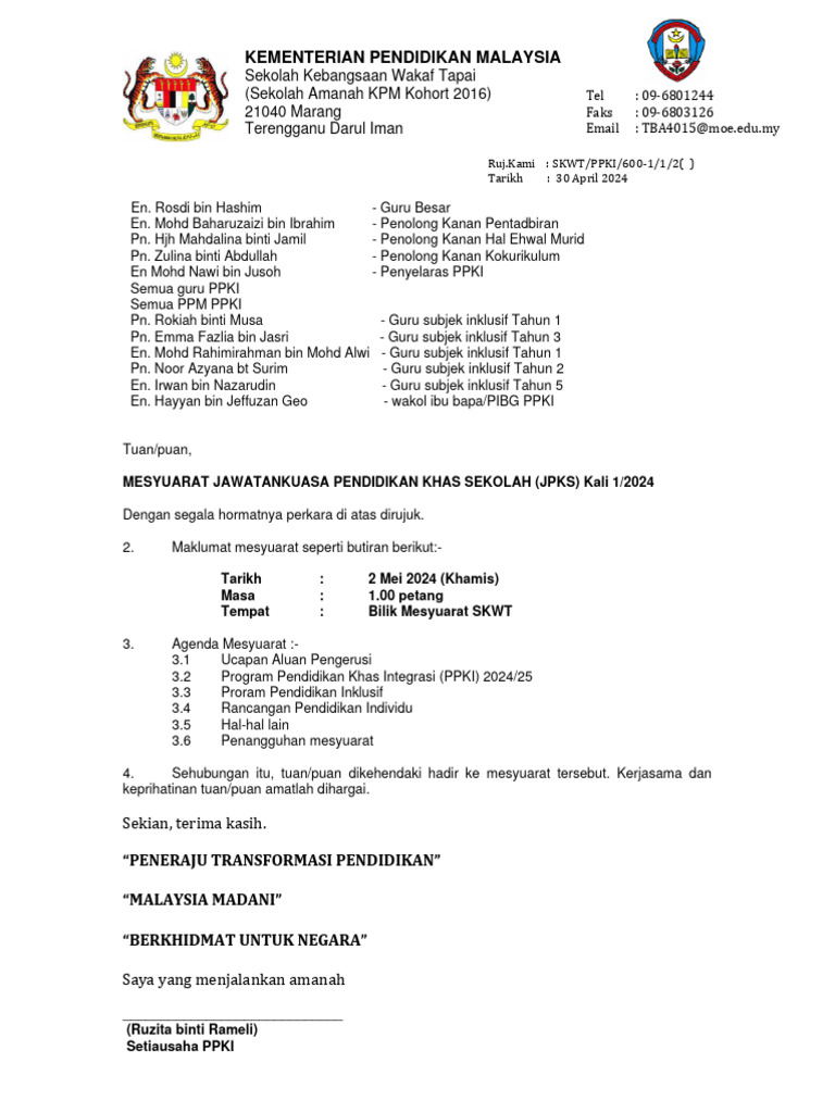 Surat Panggilan JPKS Kali 1 2024 | PDF