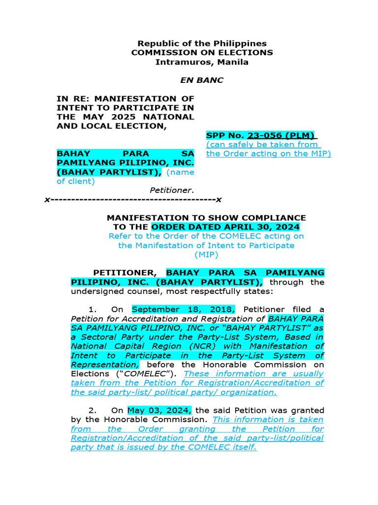 (TEMPLATE) Manifestation To Show Compliance | PDF | Philippines ...