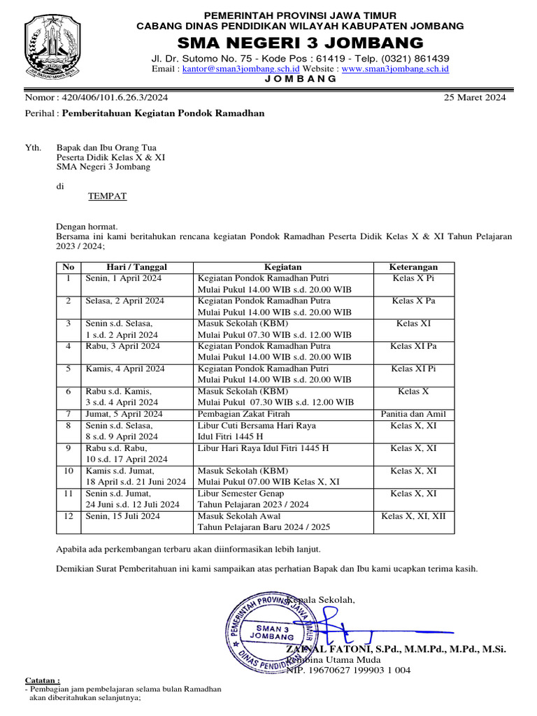 Surat Edaran Pondok Ramadhan Kelas X & Xi 2024-1 | PDF