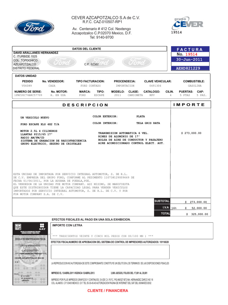 Factura Ford Escape 2011 Azcapotzalco | PDF | Tecnologías automotrices ...