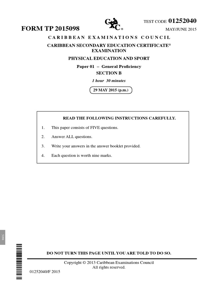 CSEC PE - Sport June 2015 P1B | PDF | Physical Education