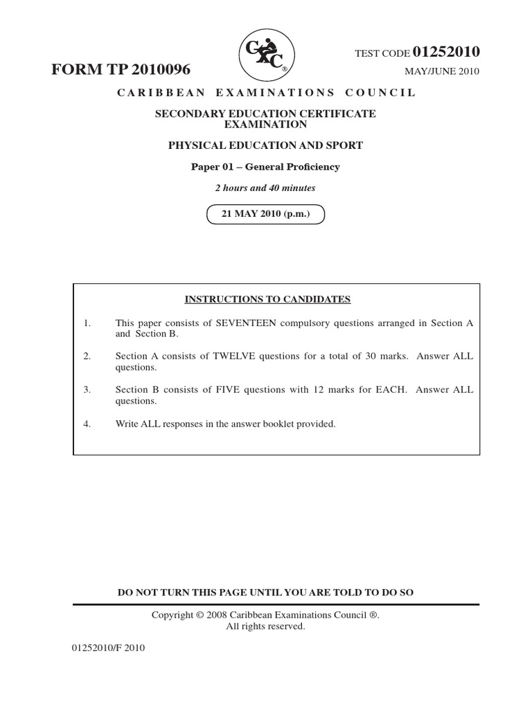 Csec Pe - Sport June 2010 p1 | PDF | Physical Fitness | Foods