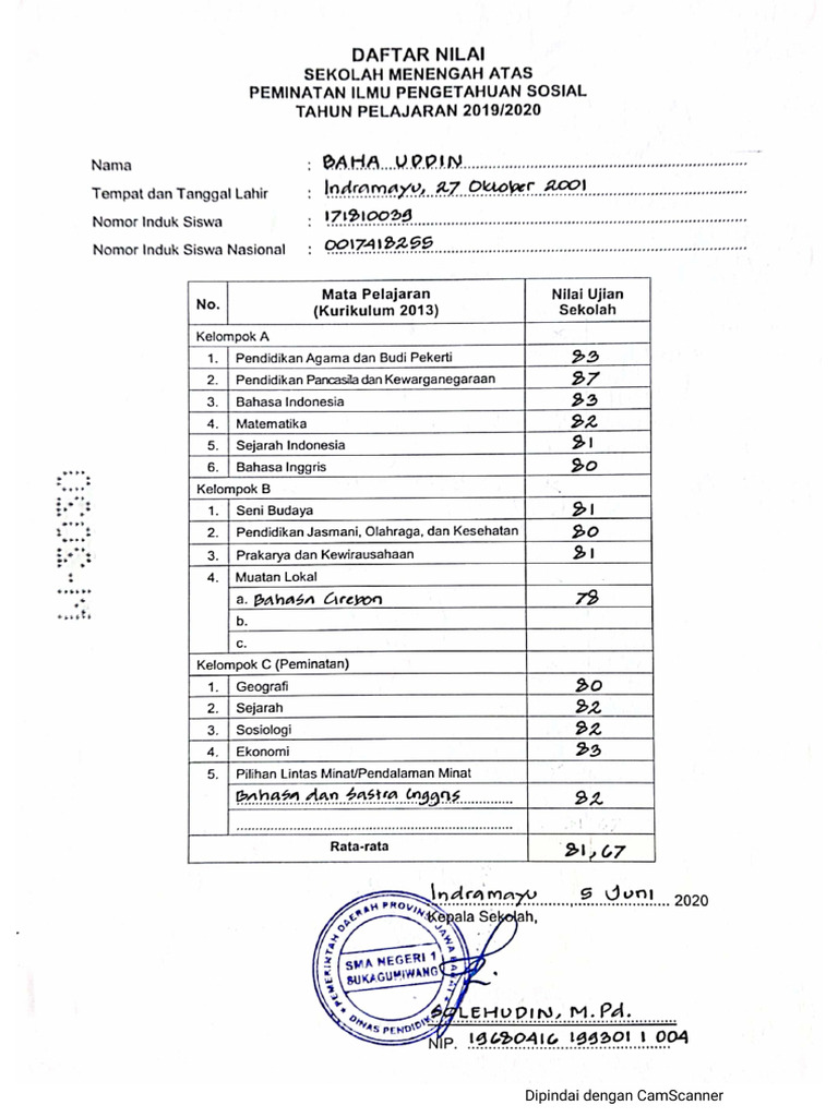 Transkrip Un - Uan Slta - Bahauddin | PDF