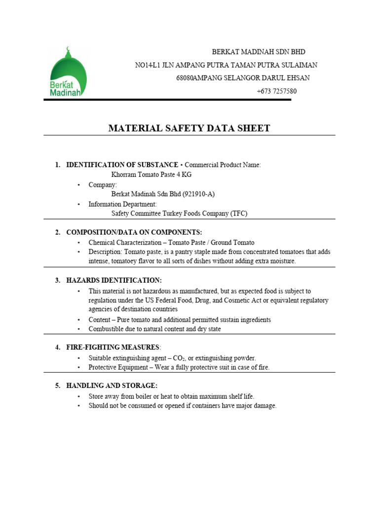 Tomato Paste MSDS Berkat Madinah | PDF