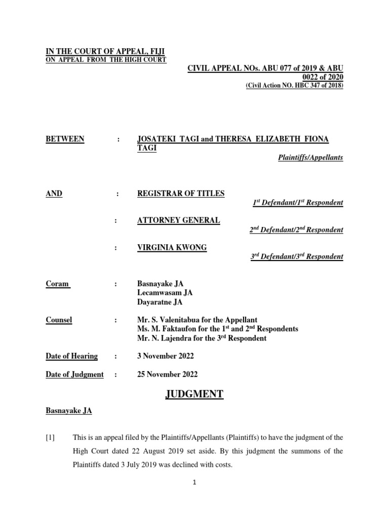 Josateki Tagi and Another V Registrar of Titles and Others | PDF ...