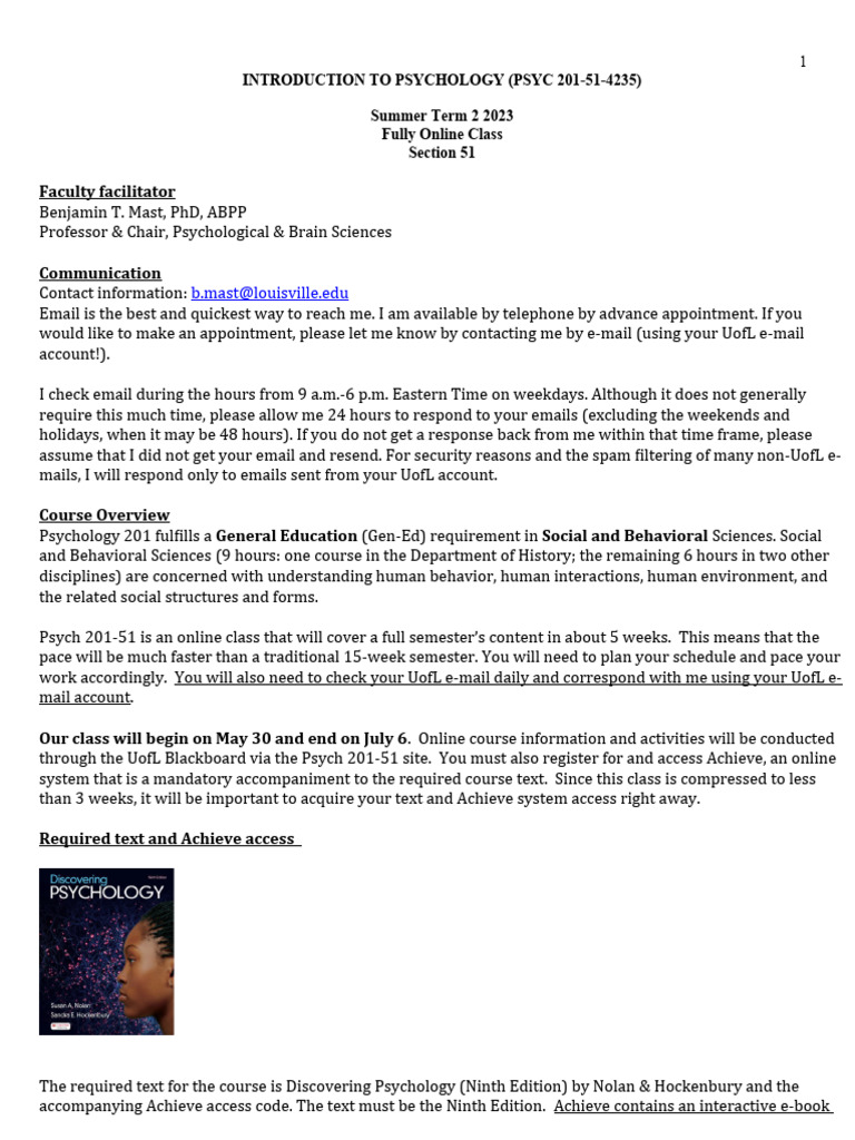 PSYC 201 51 4235 - Syllabus | PDF | Psychology | Mental Disorder PSYC 201 51 4235 - Syllabus | PDF | Psychology | Mental Disorder