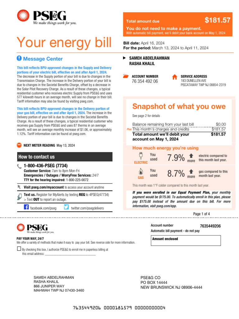 PSE&G Bill Summary for April 2024 | PDF | Cheque | Credit Card