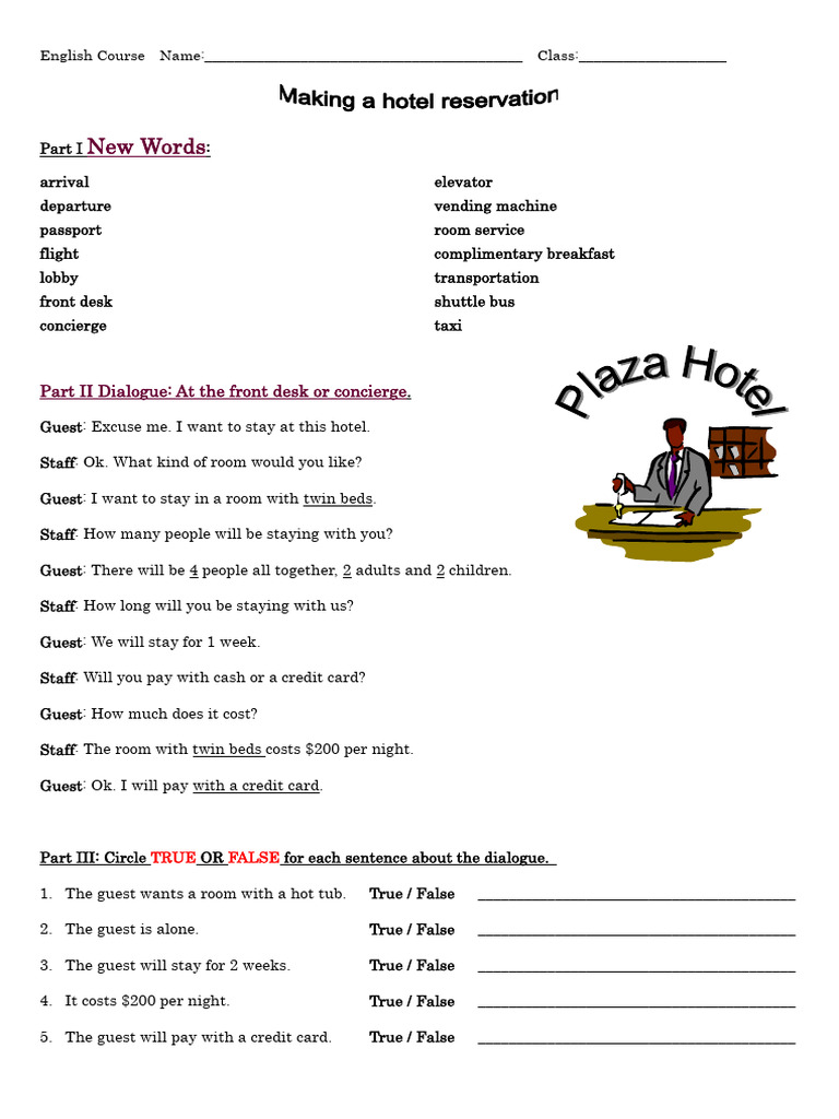 At The Hotel Worksheet PDF | PDF