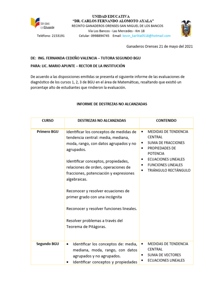 Informe de Destrezas No Alcanzadas | PDF | Ecuaciones | Logaritmo