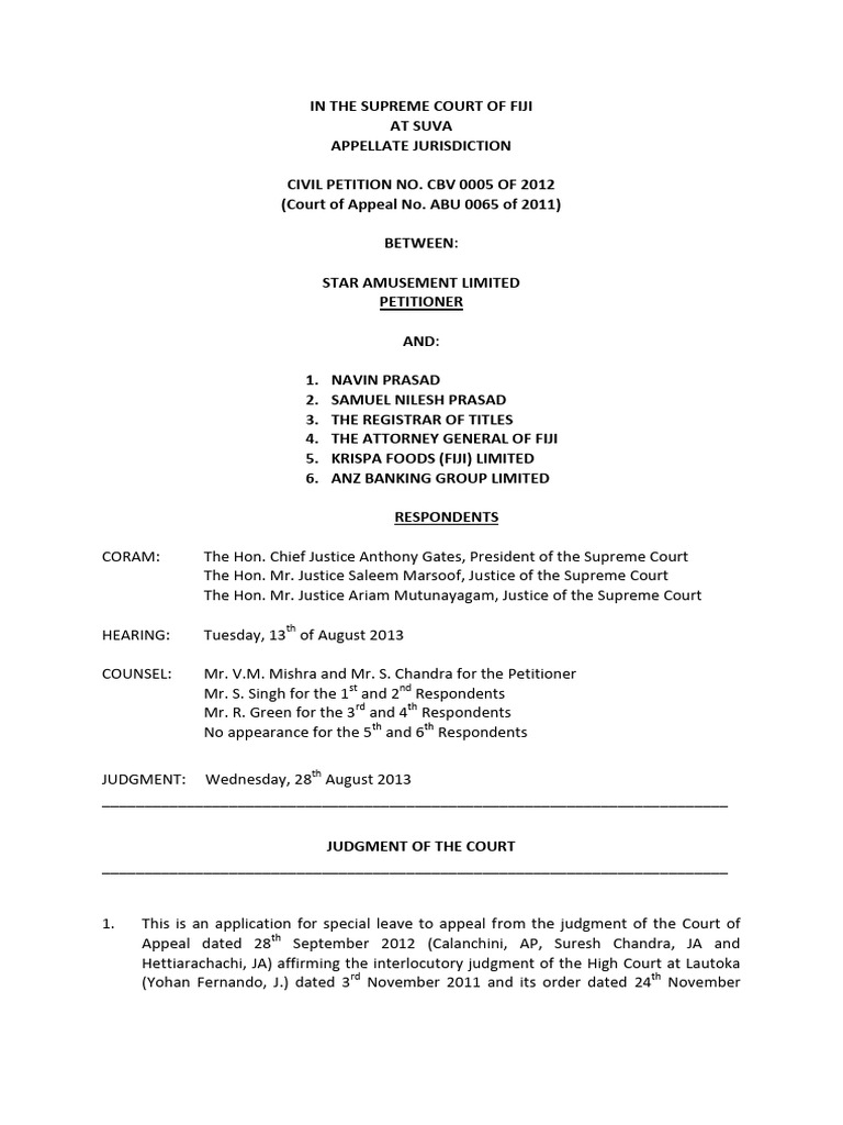 Fiji Supreme Court Land Title Appeal | PDF | Judgment (Law) | High ...