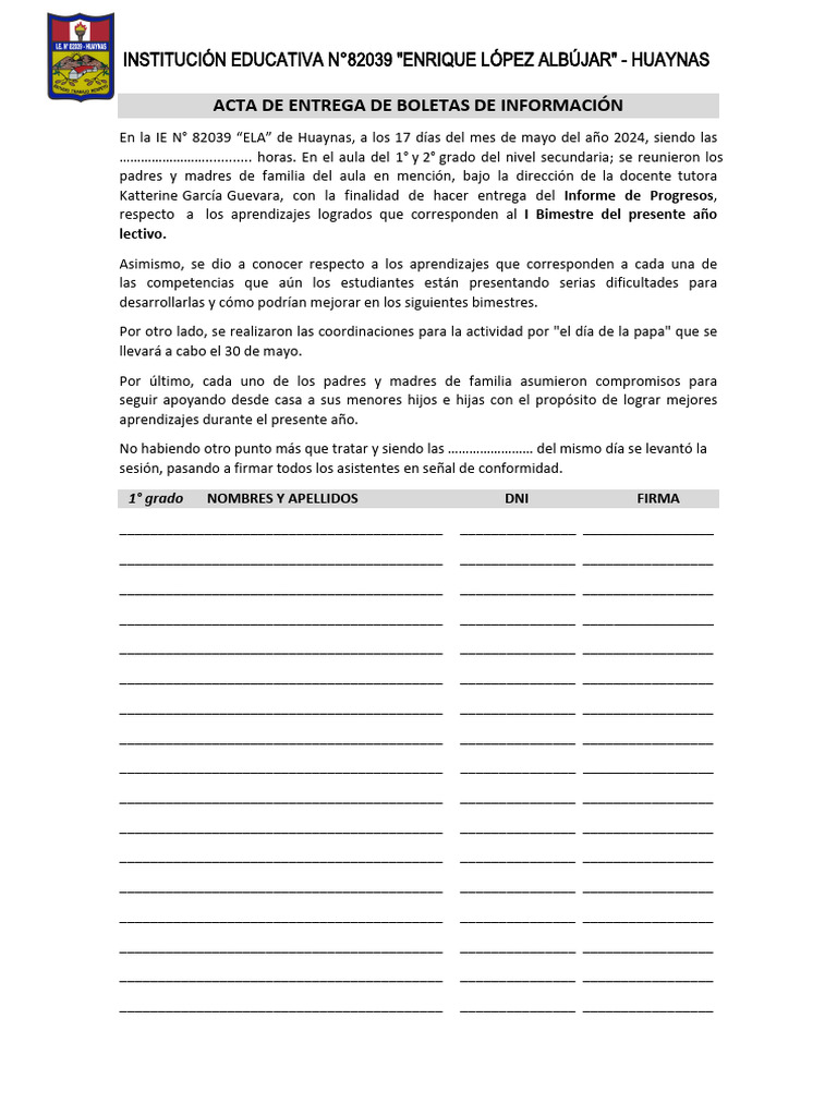 Acta de Entrega de Boletas | PDF | Aprendizaje