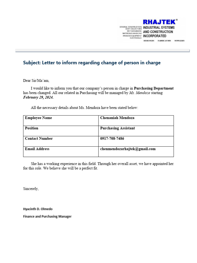 Letter - To - Inform - Change - Person | PDF