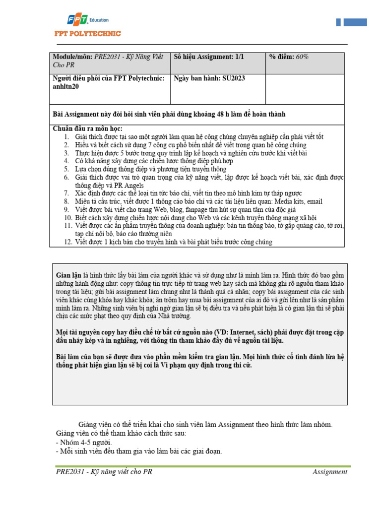 PR2031 - Assignment Ky Nang Viet Cho PR | PDF