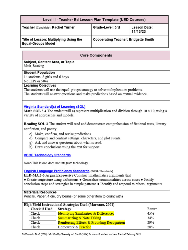 Ued 480b Assignment 2 Lesson Plan | PDF | Lesson Plan | Mathematics