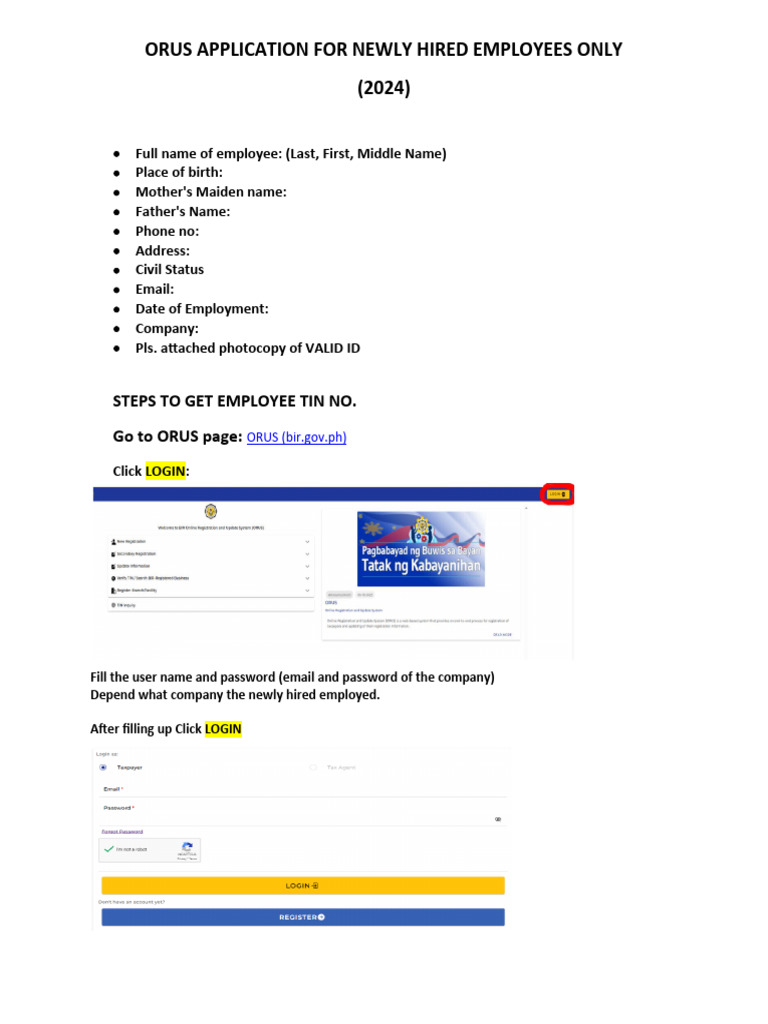 Orus Application For Newly Hired Employees Only | PDF