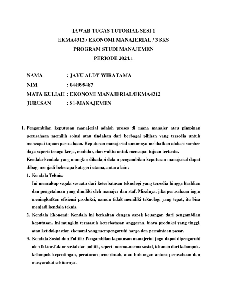 Tugas 1 Ekonomi Manajerial | PDF